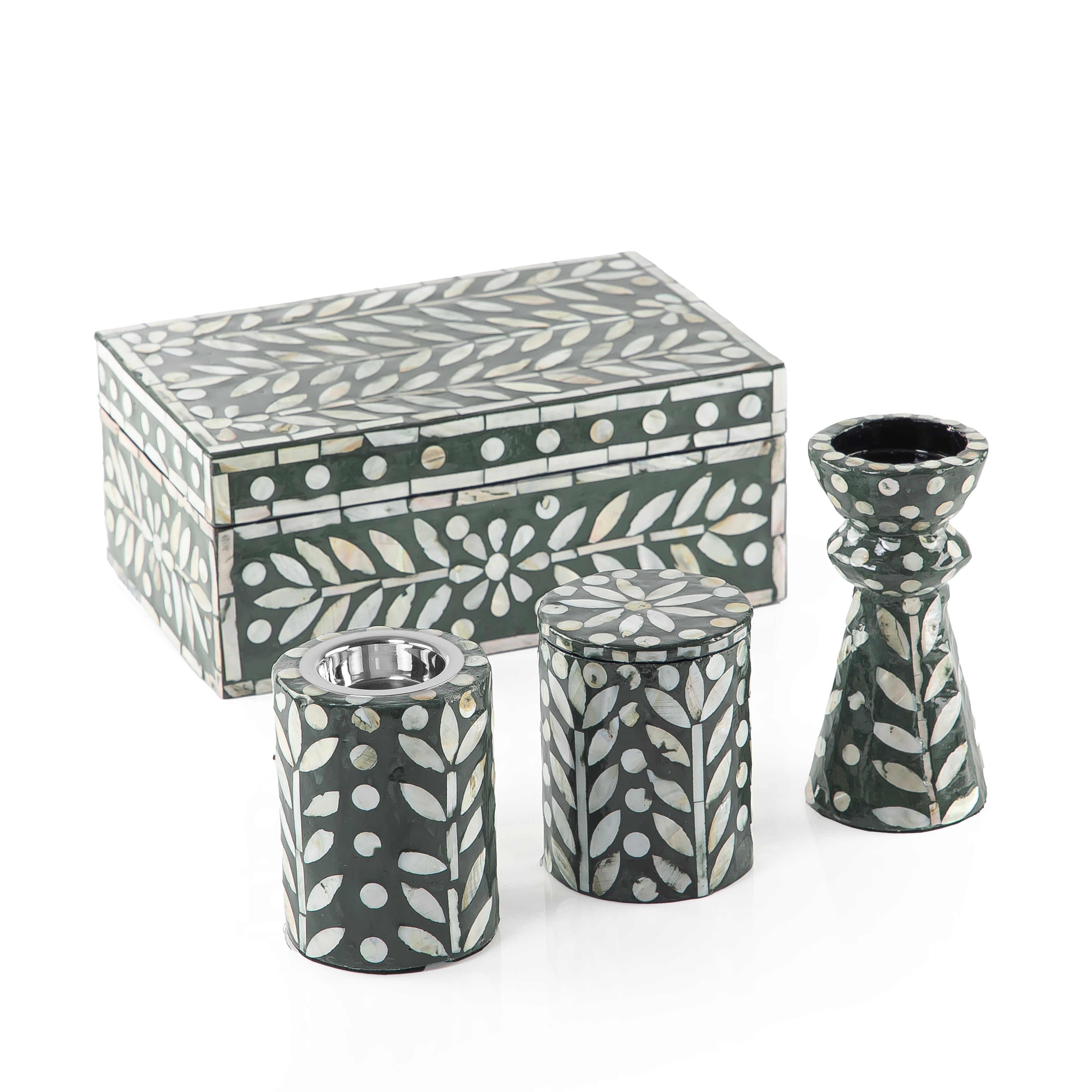 Set of mother pearl mabkhar + bakhor box + candle holder ) in box - Gr ...