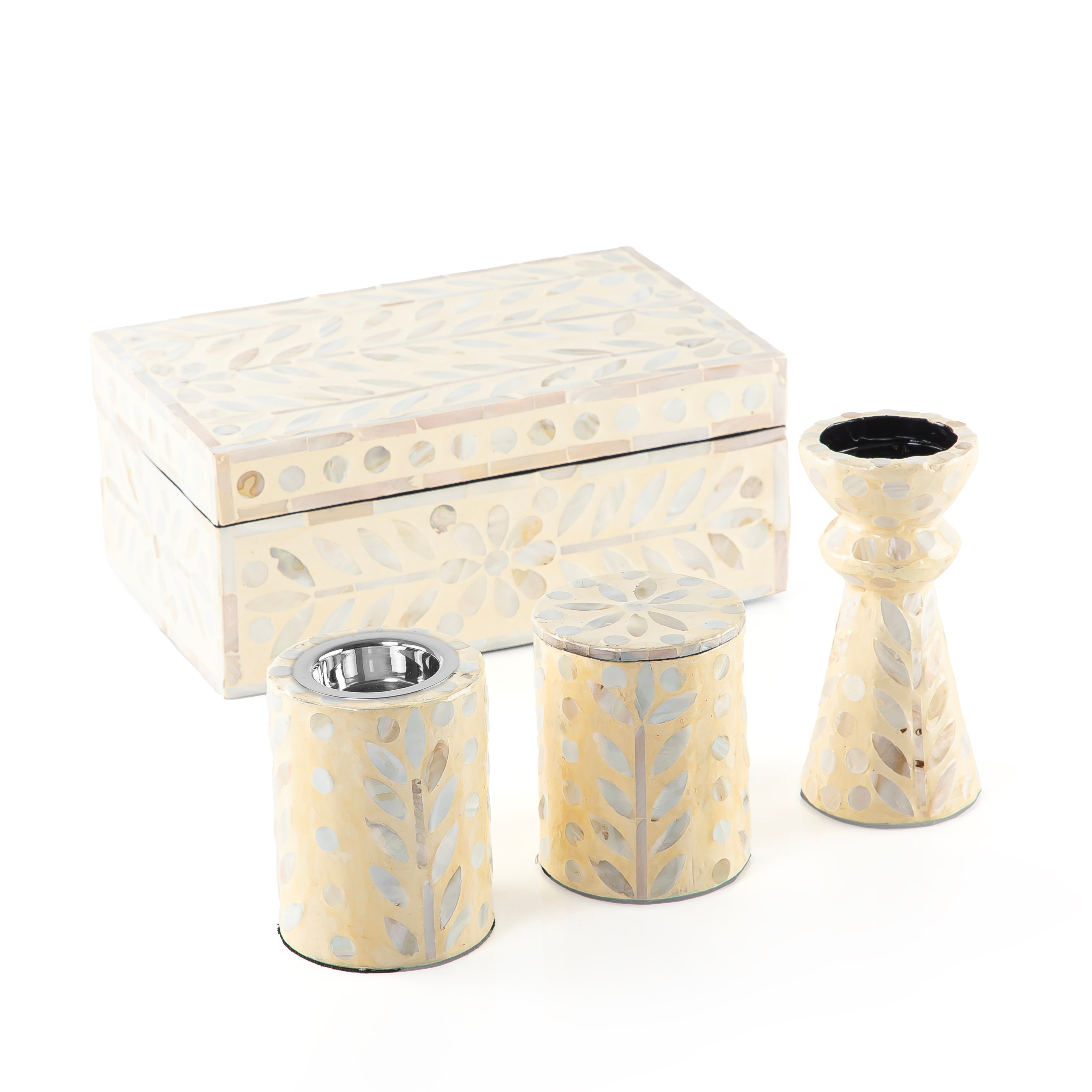 Set of mother pearl (mabkhar + bakhor box + candle holder ) in box - b ...