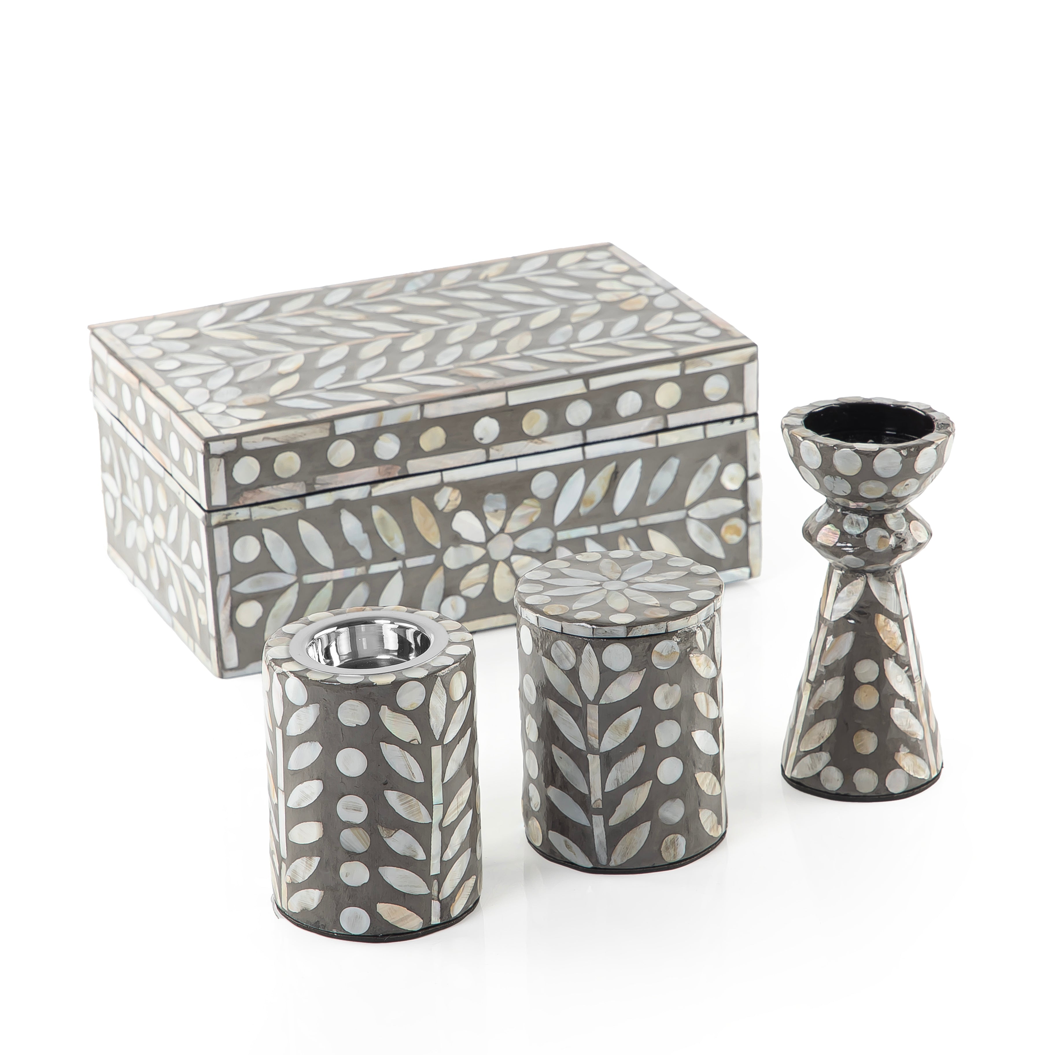 Set of mother pearl (mabkhar + bakhor box + candle holder ) in box - G ...