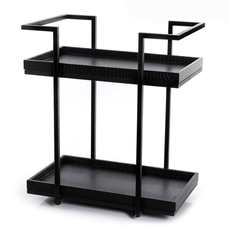 black steel trolly with 2 black leather trays – Cascades UAE